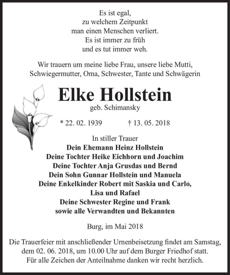 Traueranzeigen von Elke Hollstein (geb. Schimansky) | www.abschied ...
