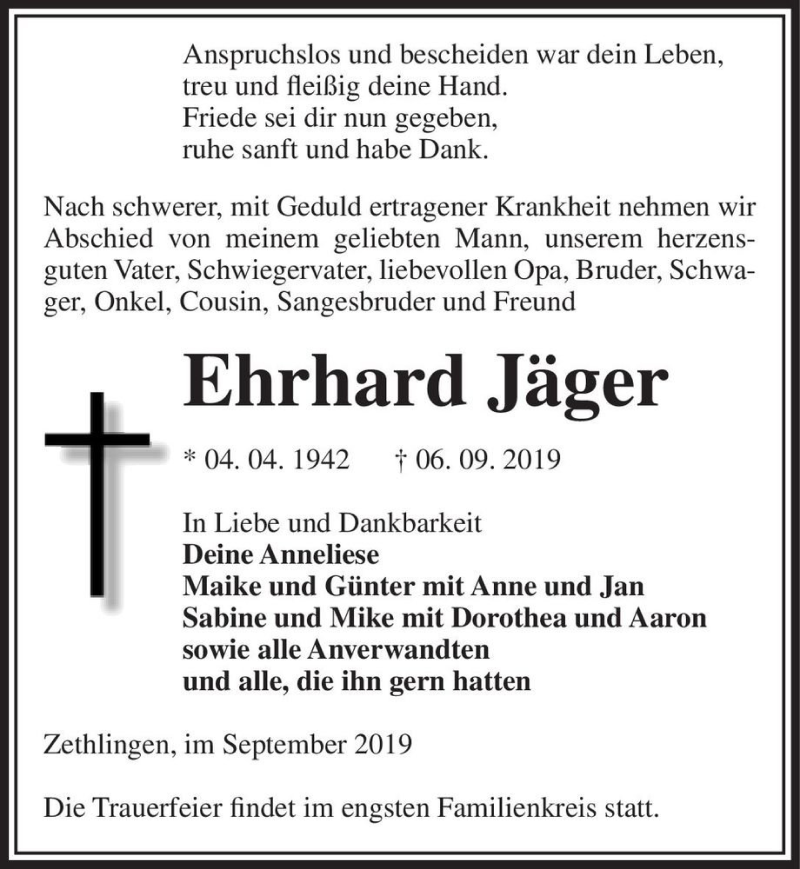 Traueranzeigen von Erhardt Jäger | www.abschied-nehmen.de