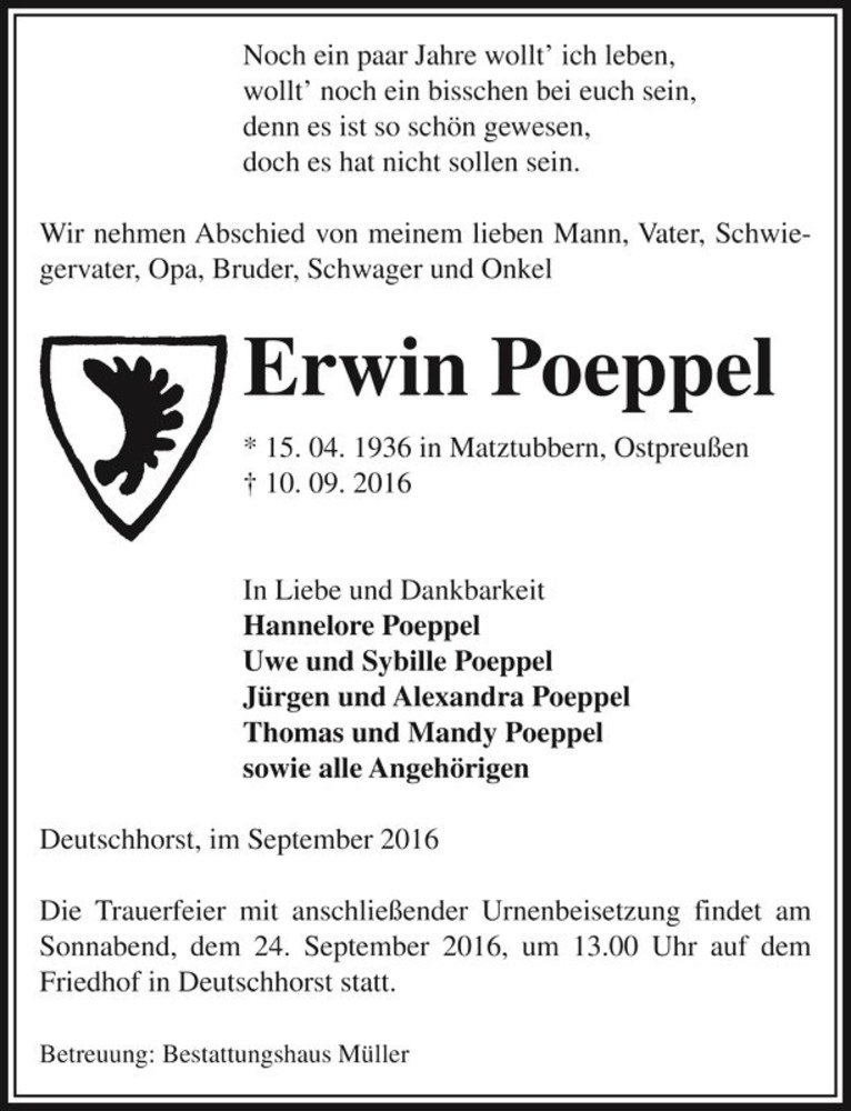 Traueranzeigen von Erwin Poeppel | www.abschied-nehmen.de
