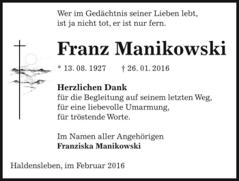 Traueranzeigen von Franz Manikowski | www.abschied-nehmen.de