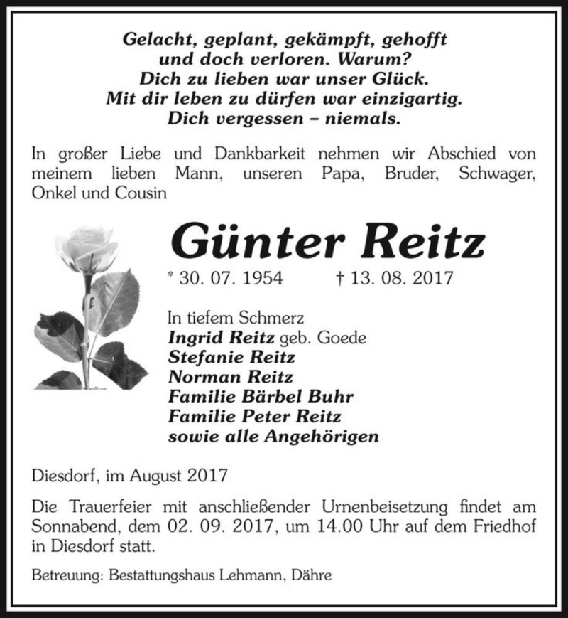 Traueranzeigen von Günter Reitz | www.abschied-nehmen.de