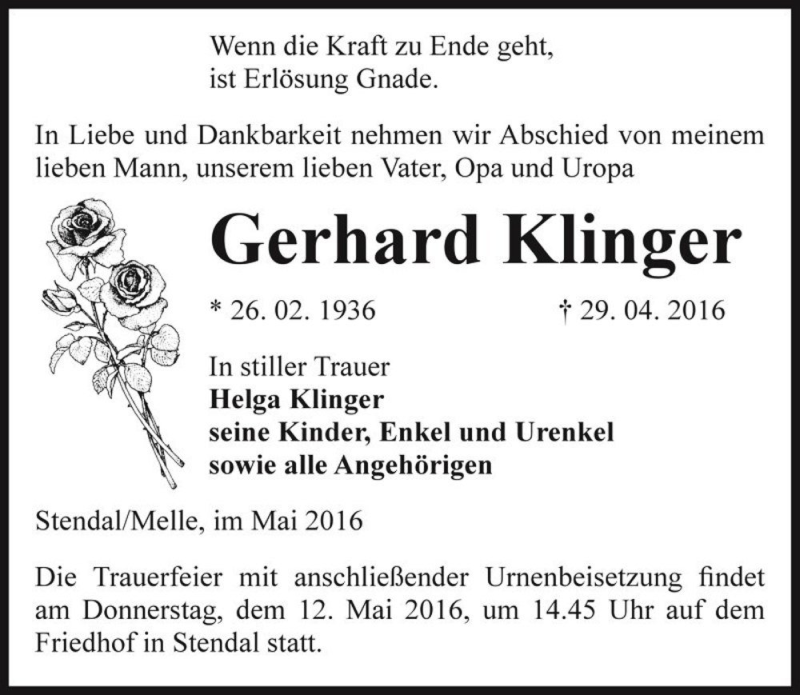 Traueranzeigen von Gerhard Klinger | www.abschied-nehmen.de
