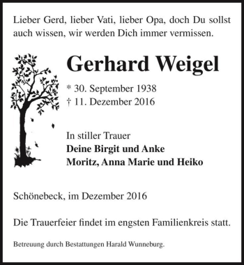 Traueranzeigen von Gerhard Weigel | www.abschied-nehmen.de