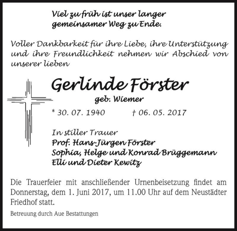 Traueranzeigen von Gerlinde Förster (geb. Wiemer) | www.abschied-nehmen.de