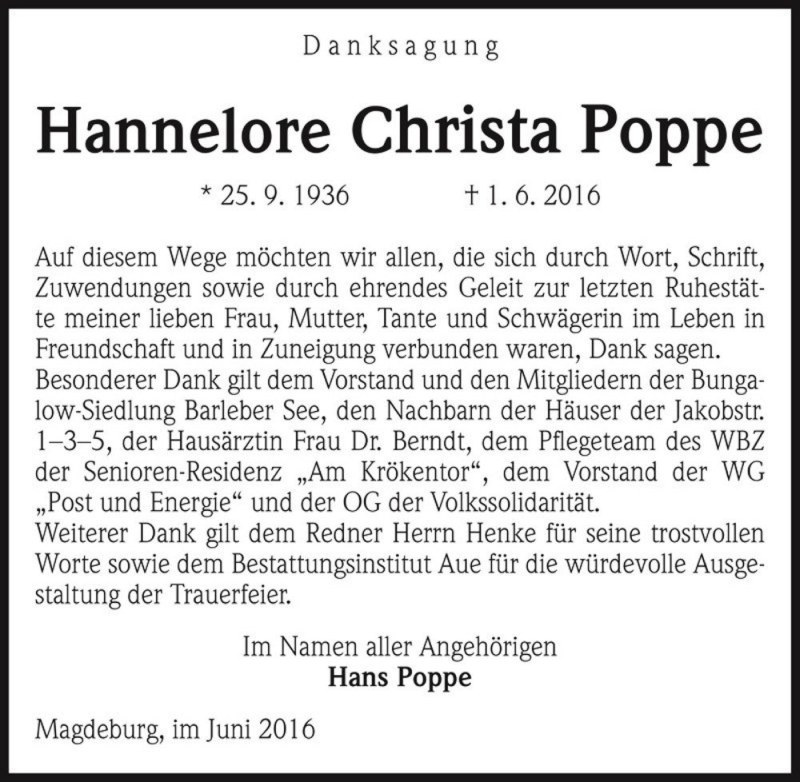 Traueranzeigen von Hannelore Christa Poppe | www.abschied-nehmen.de