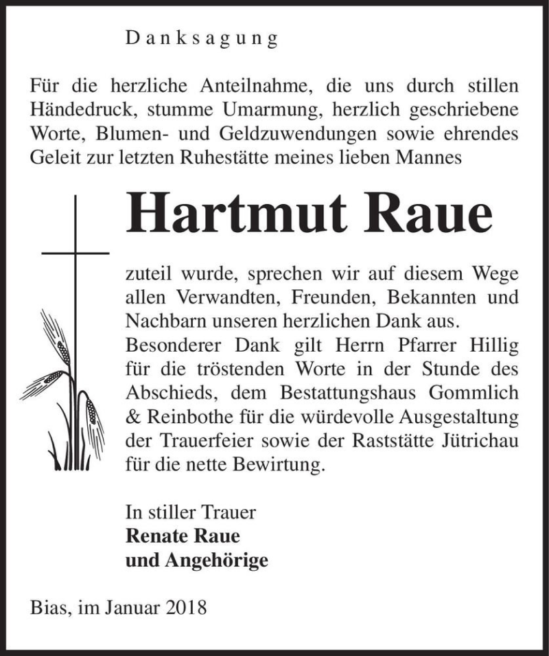 Traueranzeigen von Hartmut Raue | www.abschied-nehmen.de