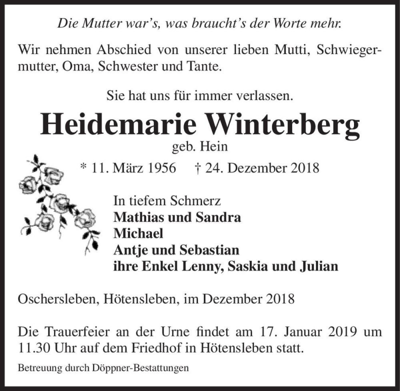 Traueranzeigen von Heidemarie Winterberg (geb. Hein) | www.abschied ...