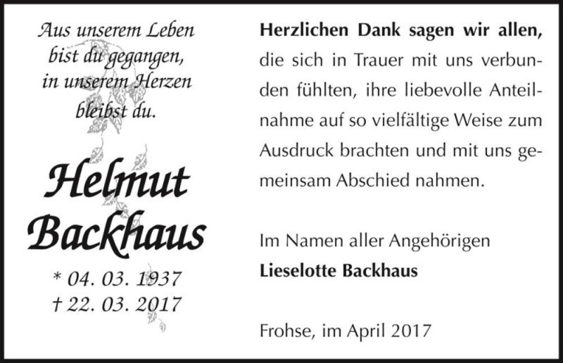 Traueranzeigen von Helmut Backhaus | www.abschied-nehmen.de