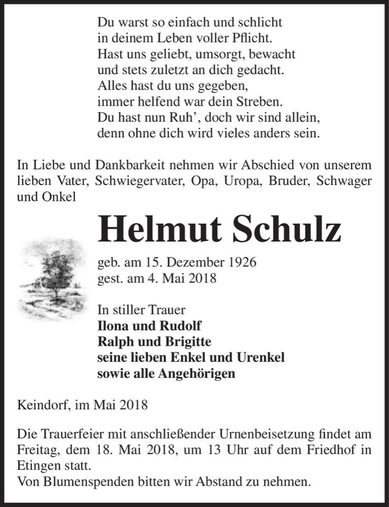 Traueranzeigen von Helmut Schulz | www.abschied-nehmen.de