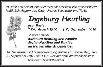 Traueranzeigen von Ingeburg Heutling (geb. Reule) | www.abschied-nehmen.de