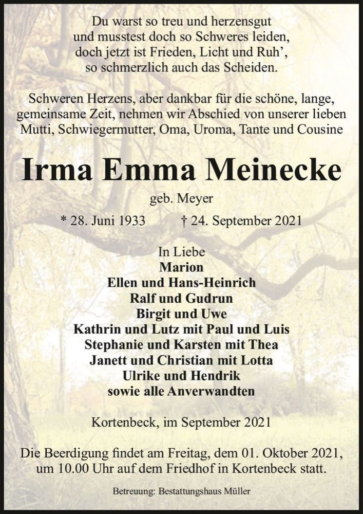 Traueranzeigen von Irma Emma Meinecke (geb. Meyer) | www.abschied-nehmen.de