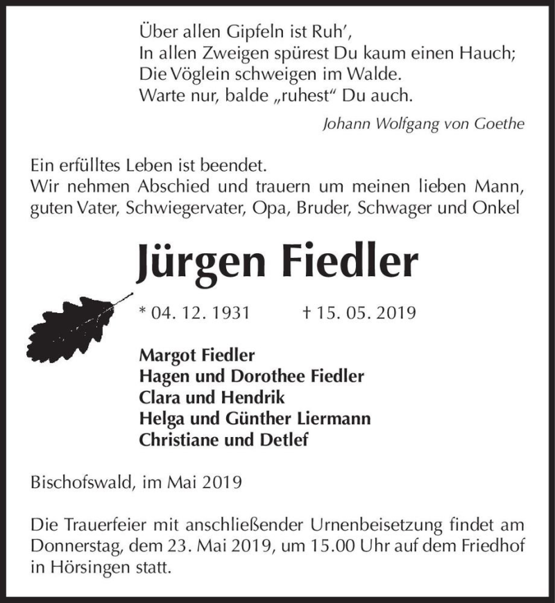 Traueranzeigen von Jürgen Fiedler | www.abschied-nehmen.de