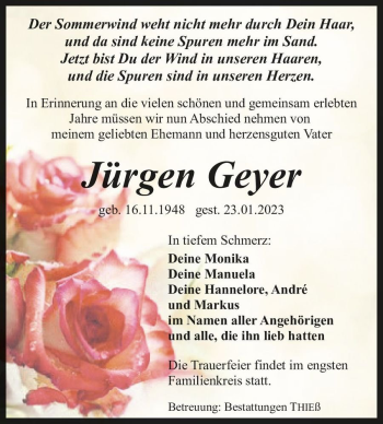 Traueranzeigen von Jürgen Geyer | www.abschied-nehmen.de