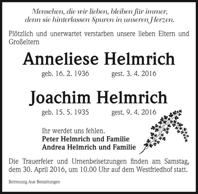 Traueranzeigen von Joachim Helmrich | www.abschied-nehmen.de