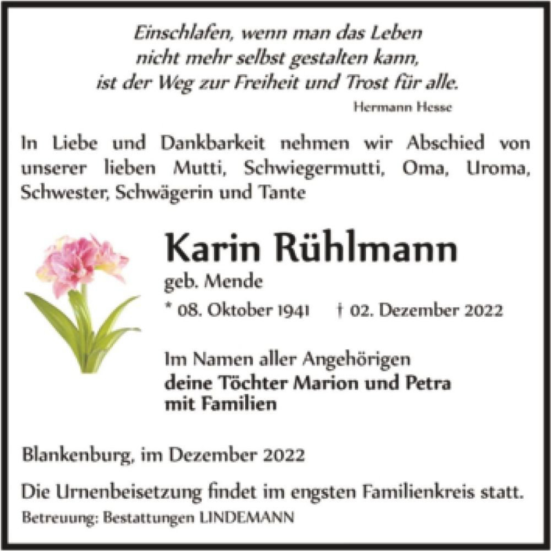 Traueranzeigen von Karin Rühlmann (geb. Mende) | www.abschied-nehmen.de