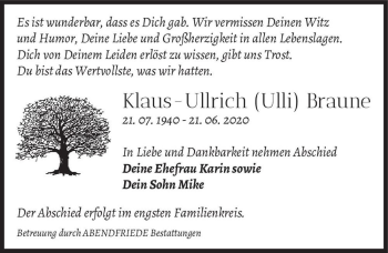 Traueranzeigen von Klaus-Ullrich (Ulli) Braune | www.abschied-nehmen.de