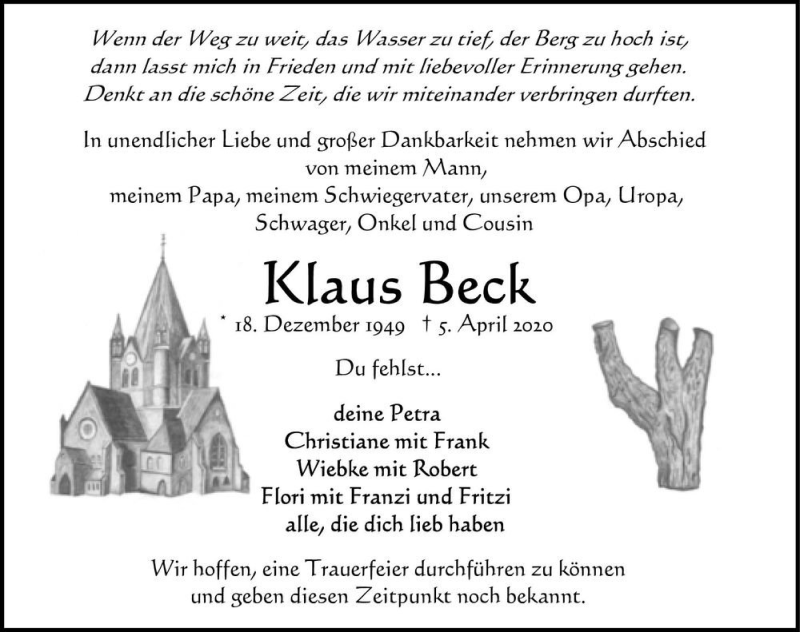 Traueranzeigen von Klaus Beck | www.abschied-nehmen.de