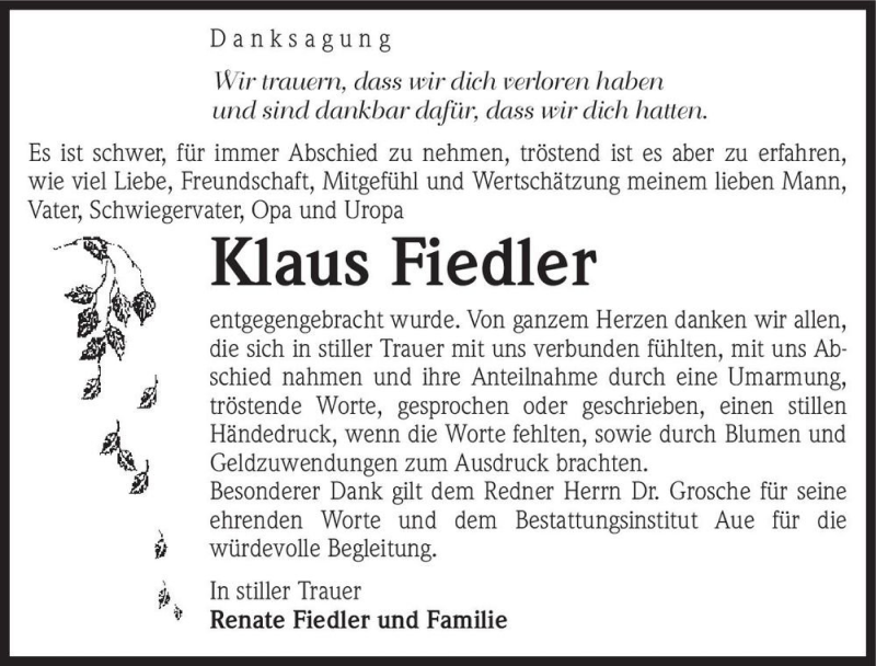 Traueranzeigen von Klaus Fiedler | www.abschied-nehmen.de