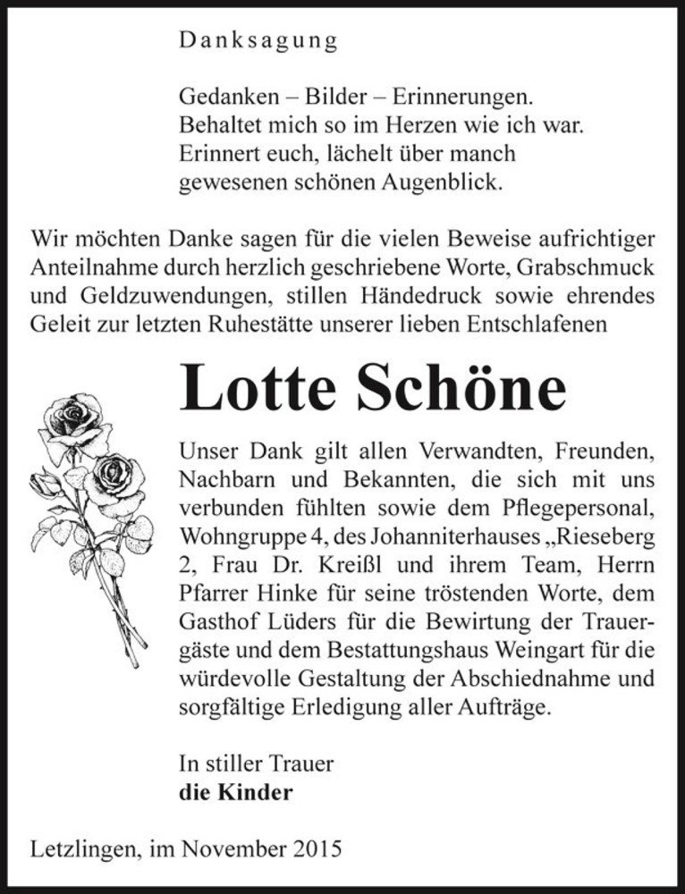 Traueranzeigen von Lotte Schöne | www.abschied-nehmen.de