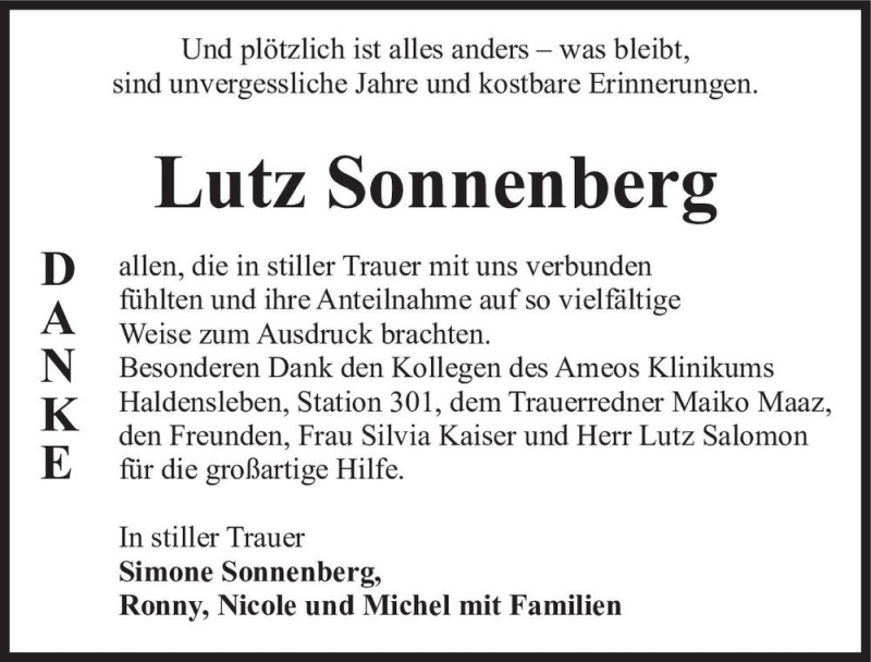 Traueranzeigen von Lutz Sonnenberg | www.abschied-nehmen.de
