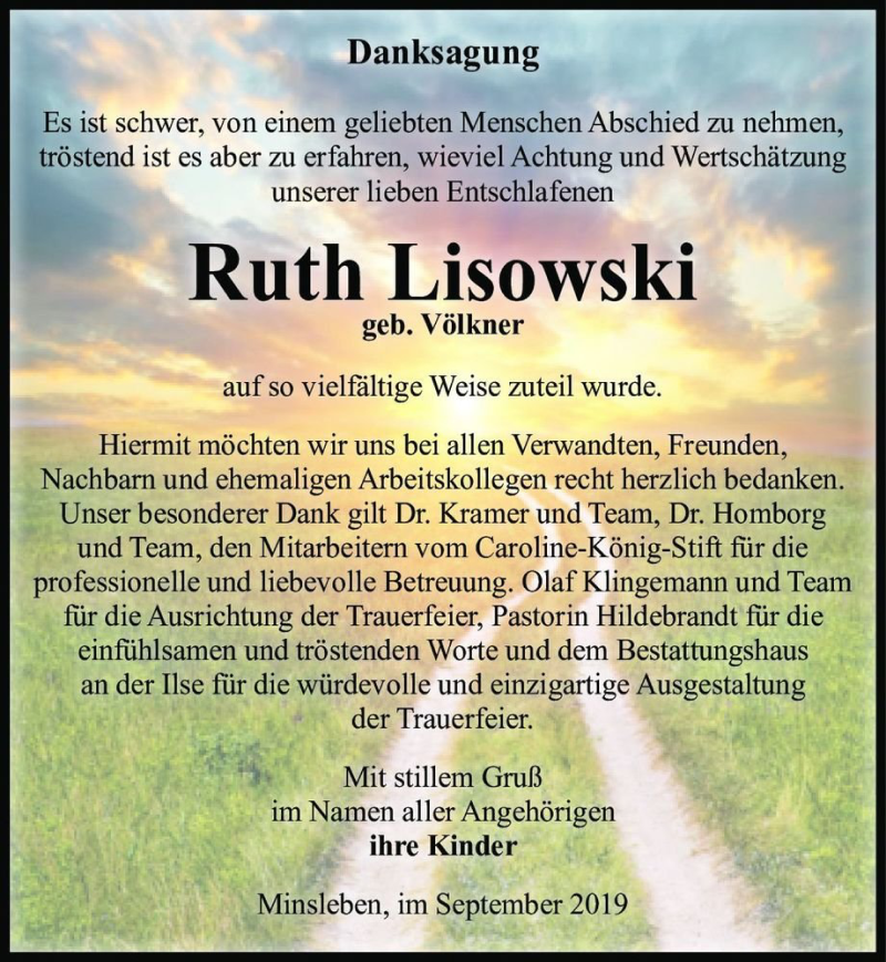 Traueranzeigen von Ruth Lisowski (geb. Völkner) | www.abschied-nehmen.de Traueranzeigen von Ruth Lisowski (geb. Völkner) | www.abschied-nehmen.de