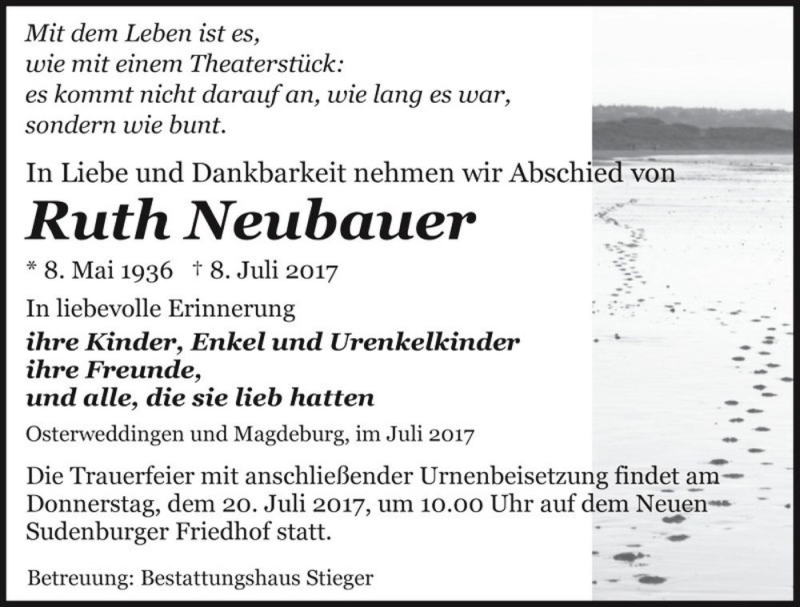 Traueranzeigen von Ruth Neubauer | www.abschied-nehmen.de