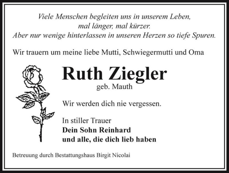 Traueranzeigen von Ruth Ziegler (geb. Mauth) | www.abschied-nehmen.de Traueranzeigen von Ruth Ziegler (geb. Mauth) | www.abschied-nehmen.de