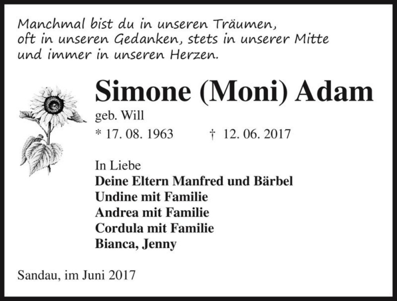 Traueranzeigen von Simone (Moni) Adam (geb. Will) | www.abschied-nehmen.de