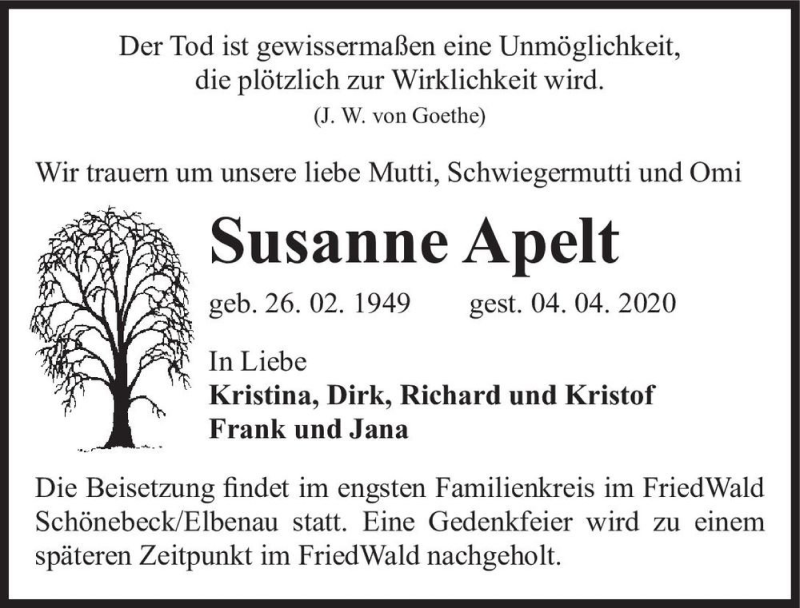 Traueranzeigen von Susanne Apelt | www.abschied-nehmen.de