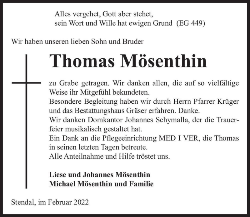 Traueranzeigen von Thomas Mösenthin | www.abschied-nehmen.de