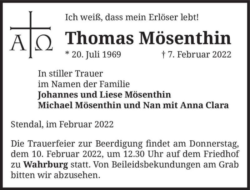 Traueranzeigen von Thomas Mösenthin | www.abschied-nehmen.de
