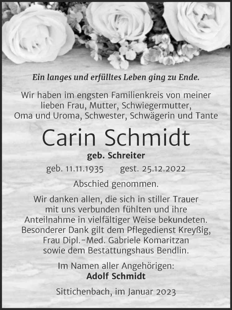 Traueranzeigen von Carin Schmidt | www.abschied-nehmen.de