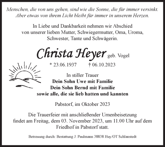Traueranzeigen von Christa Heyer | www.abschied-nehmen.de