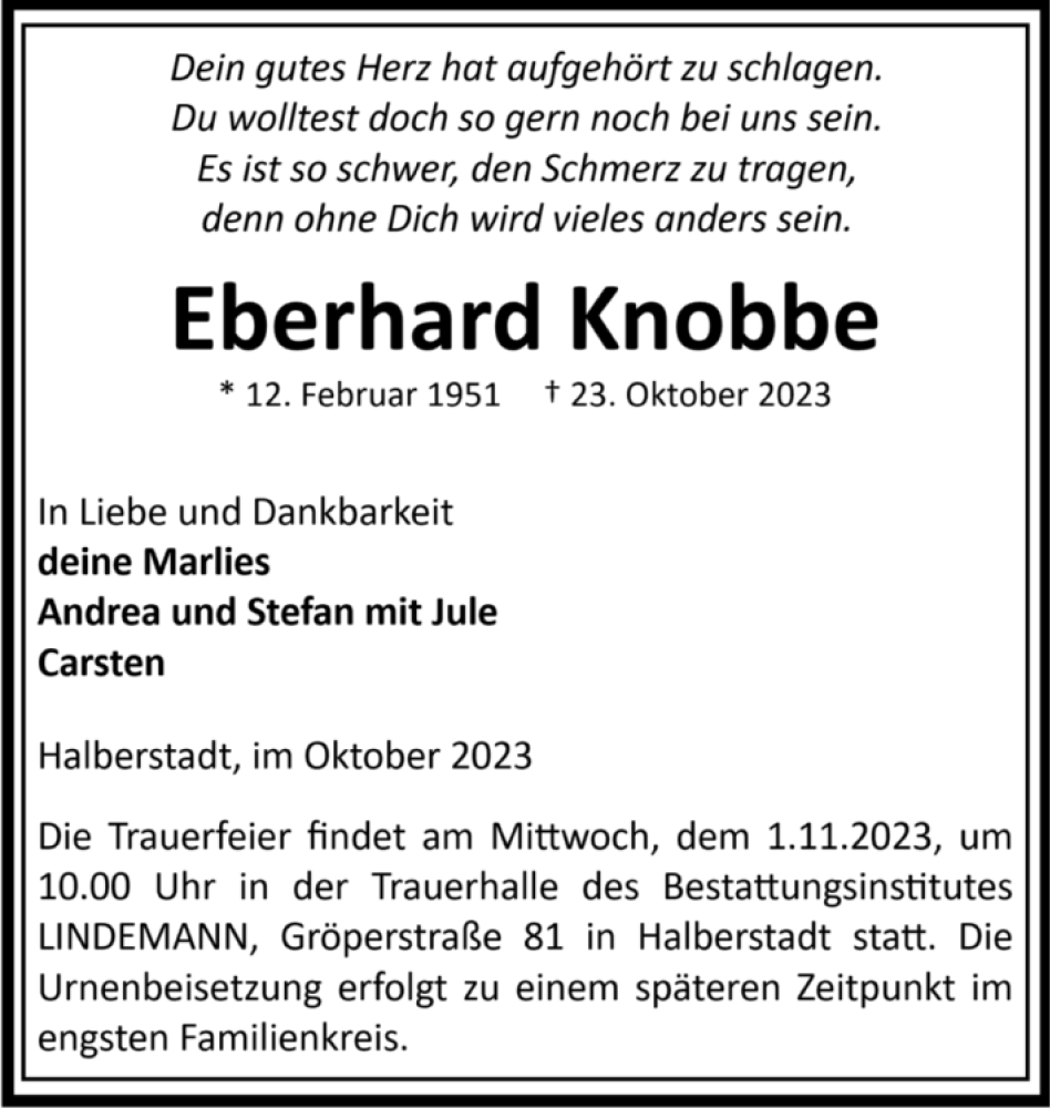 Traueranzeigen von Eberhard Knobbe | www.abschied-nehmen.de