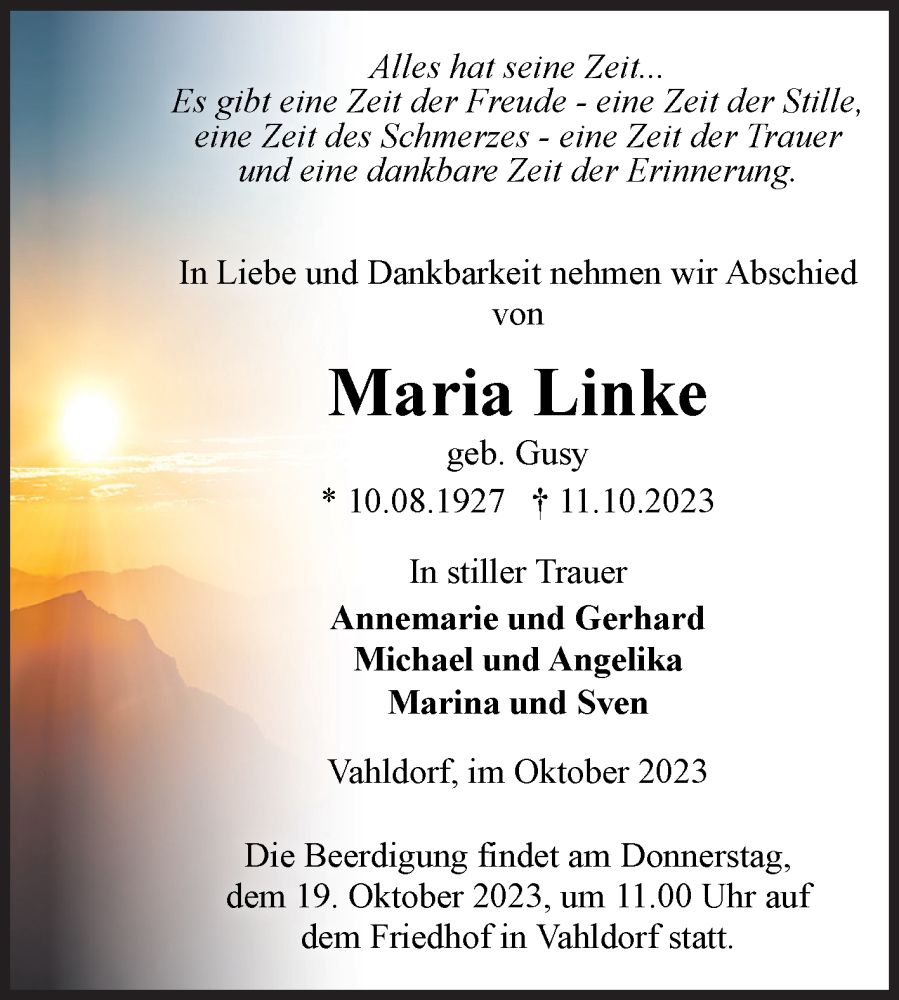 Traueranzeigen von Maria Linke | www.abschied-nehmen.de