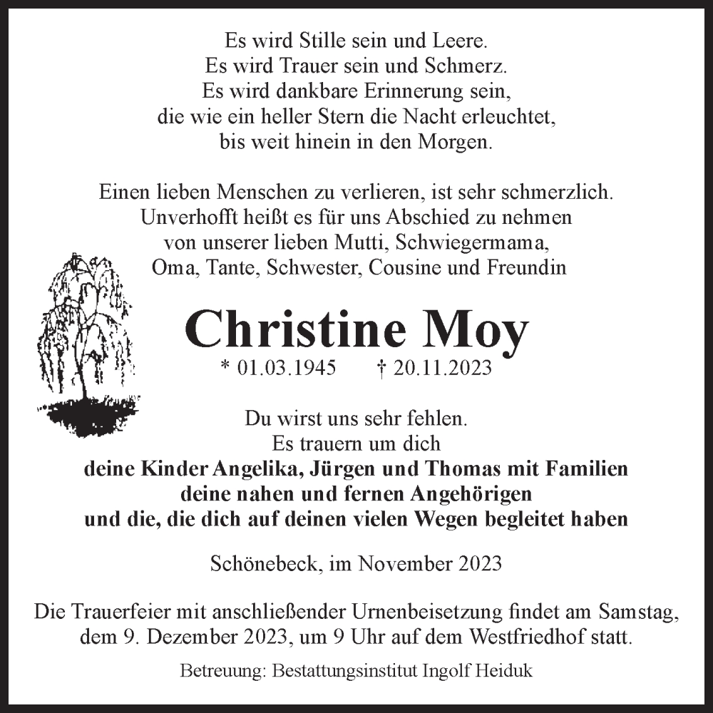 Traueranzeigen von Christine Moy | www.abschied-nehmen.de