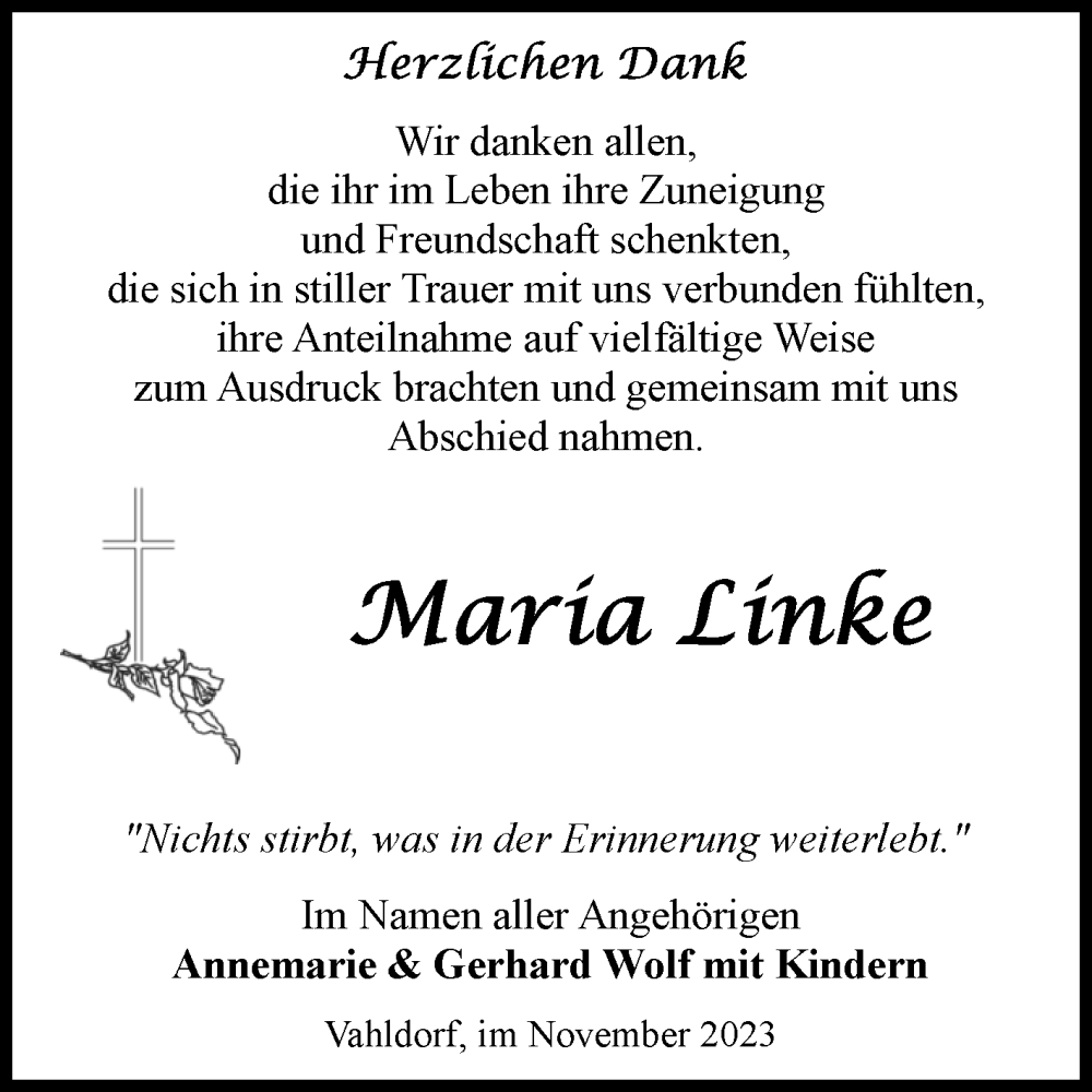 Traueranzeigen von Maria Linke | www.abschied-nehmen.de