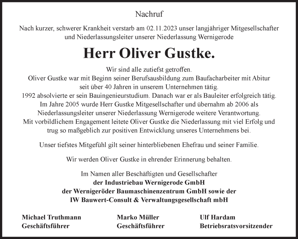 Traueranzeigen von Oliver Gustke | www.abschied-nehmen.de