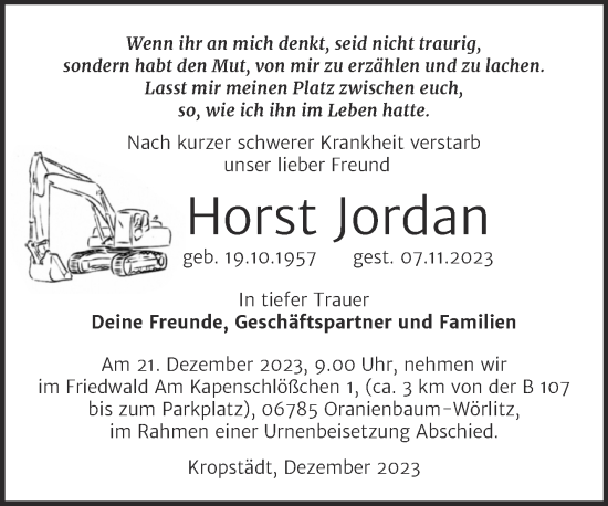 Traueranzeigen von Horst Jordan | www.abschied-nehmen.de