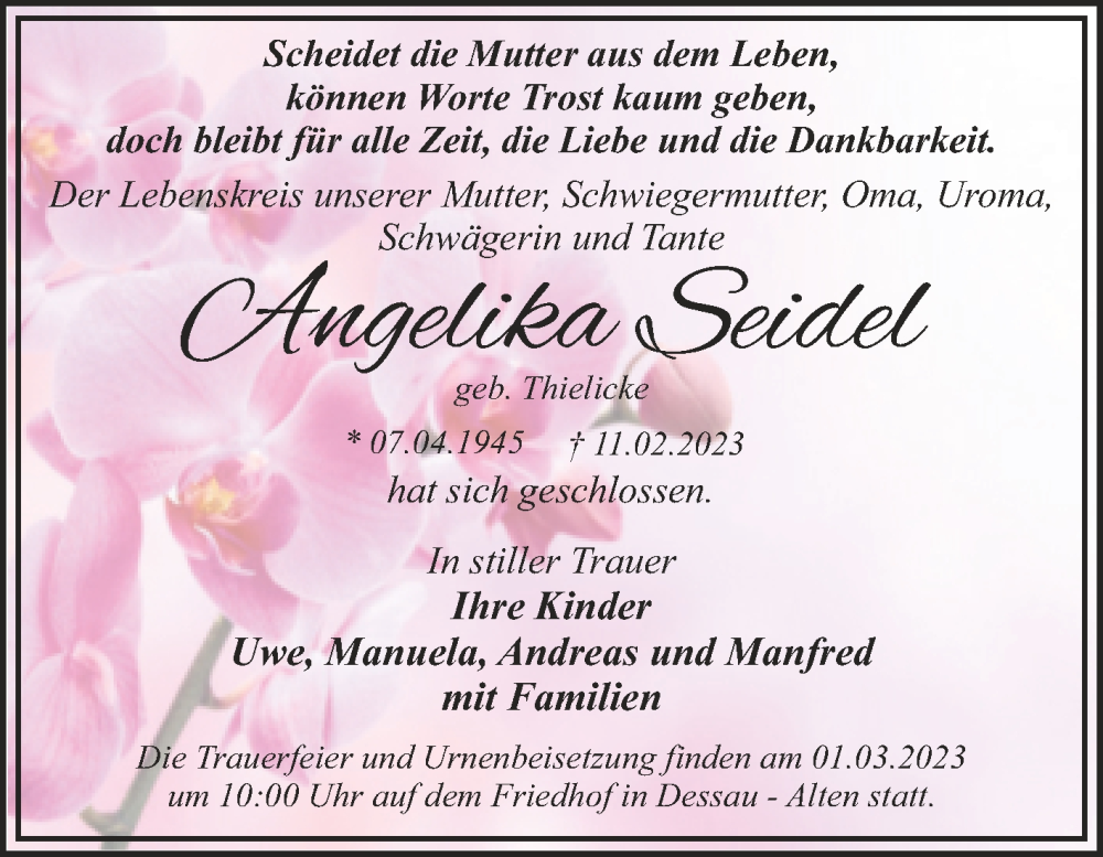 Traueranzeigen von Angelika Seidel | www.abschied-nehmen.de