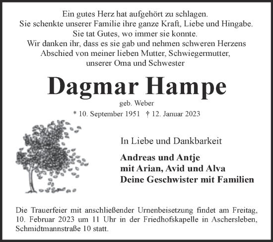 Traueranzeigen von Dagmar Hampe | www.abschied-nehmen.de