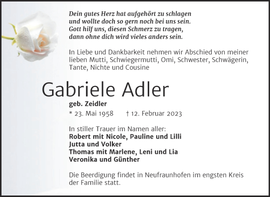 Traueranzeigen von Gabriele Adler | www.abschied-nehmen.de