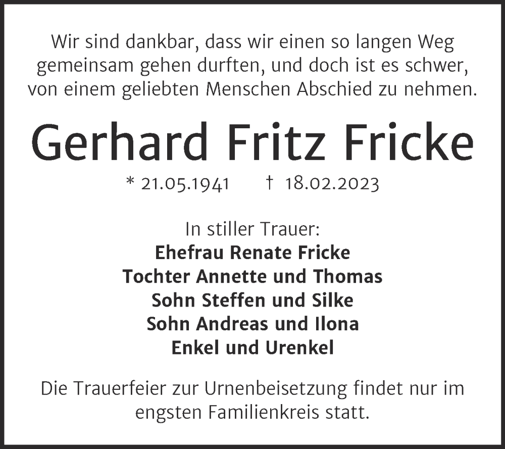 Traueranzeigen von Gerhard Fritz Fricke | www.abschied-nehmen.de
