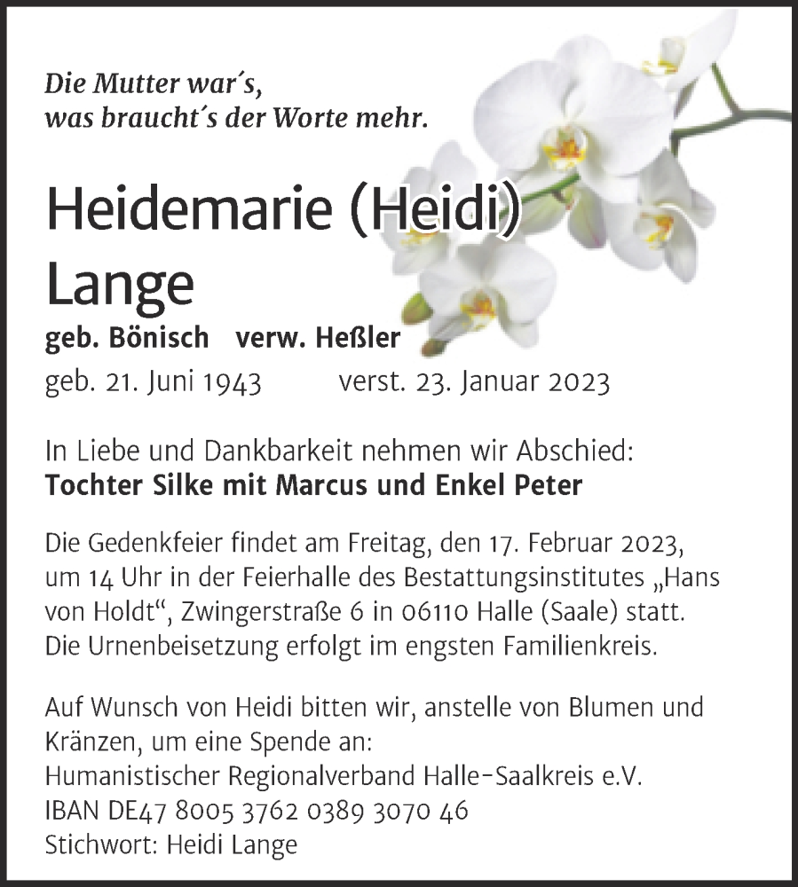 Traueranzeigen von Heidemarie Lange | www.abschied-nehmen.de