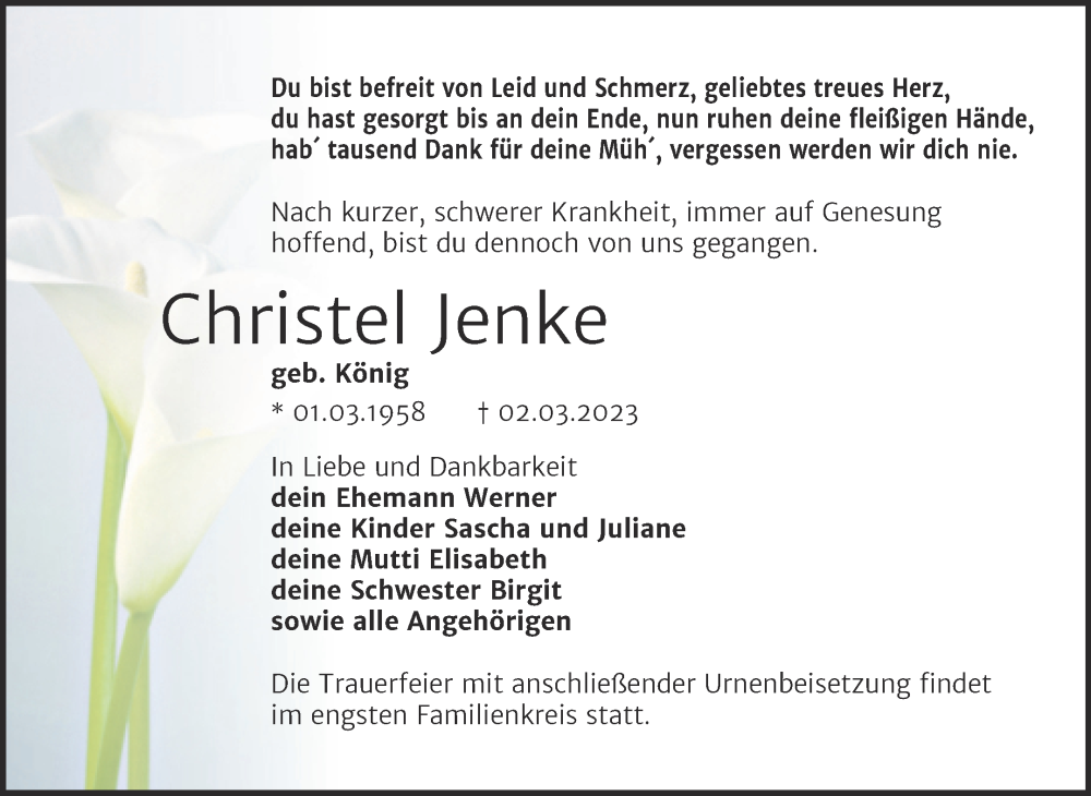 Traueranzeigen von Christel Jenke | www.abschied-nehmen.de