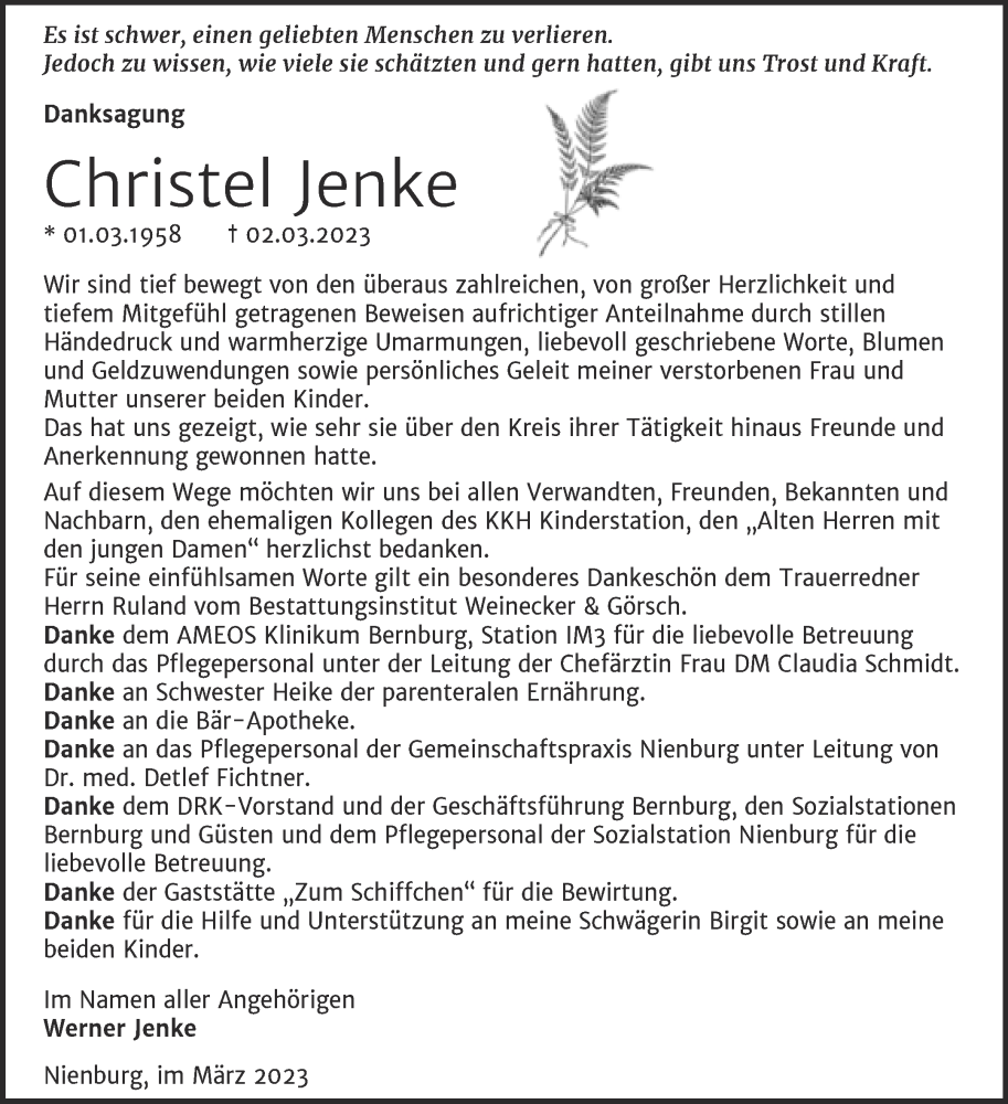 Traueranzeigen von Christel Jenke | www.abschied-nehmen.de