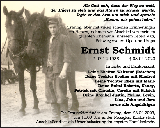 Traueranzeigen von Ernst Schmidt | www.abschied-nehmen.de