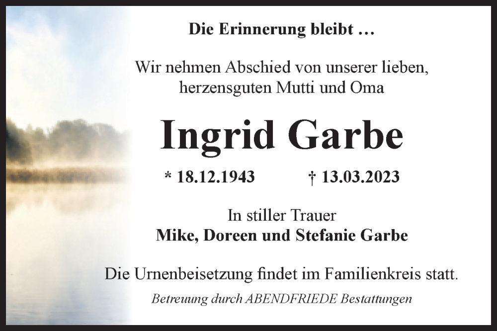 Traueranzeigen von Ingrid Garbe | www.abschied-nehmen.de