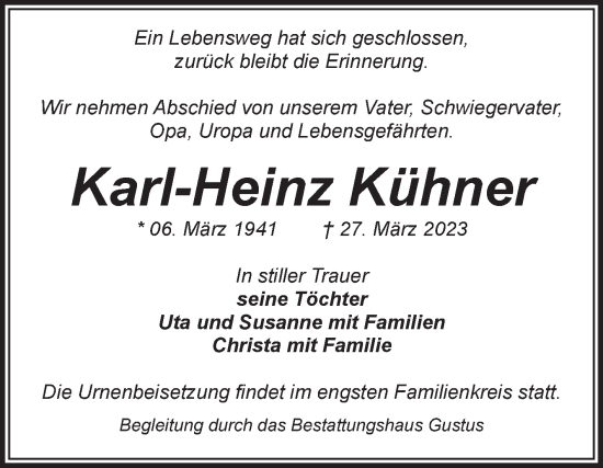 Traueranzeigen von Karl-Heinz Kühner | www.abschied-nehmen.de