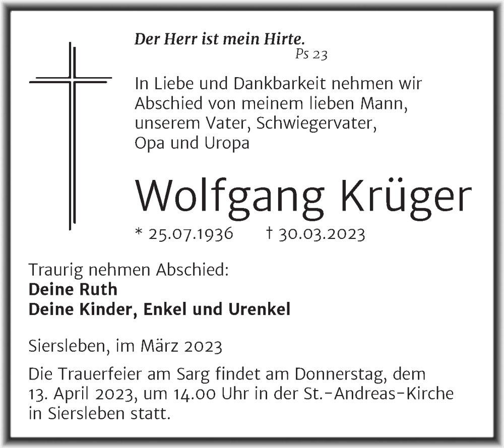 Traueranzeigen von Wolfgang Krüger | www.abschied-nehmen.de Traueranzeigen von Wolfgang Krüger | www.abschied-nehmen.de